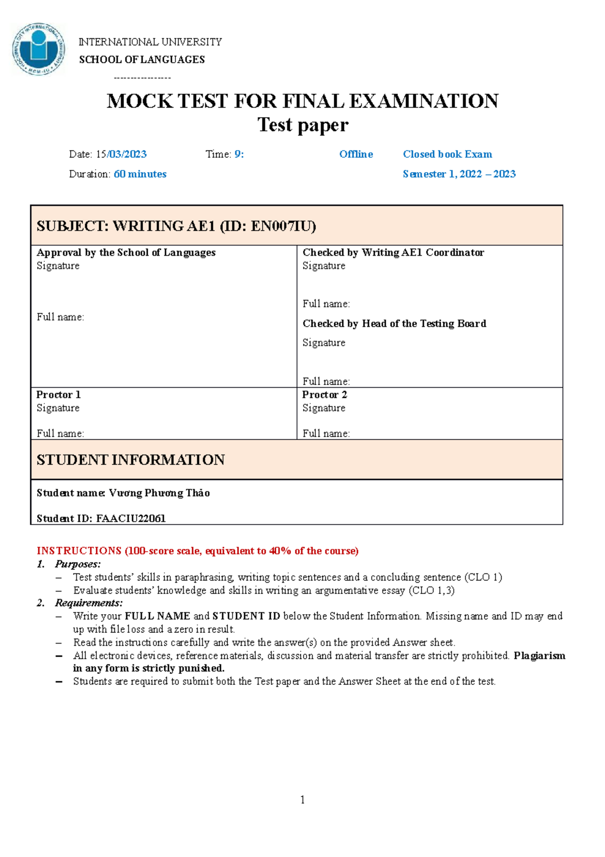 AE1 Writing Final Exam Mock Test Sample Paper (ID: EN007IU) - Studocu