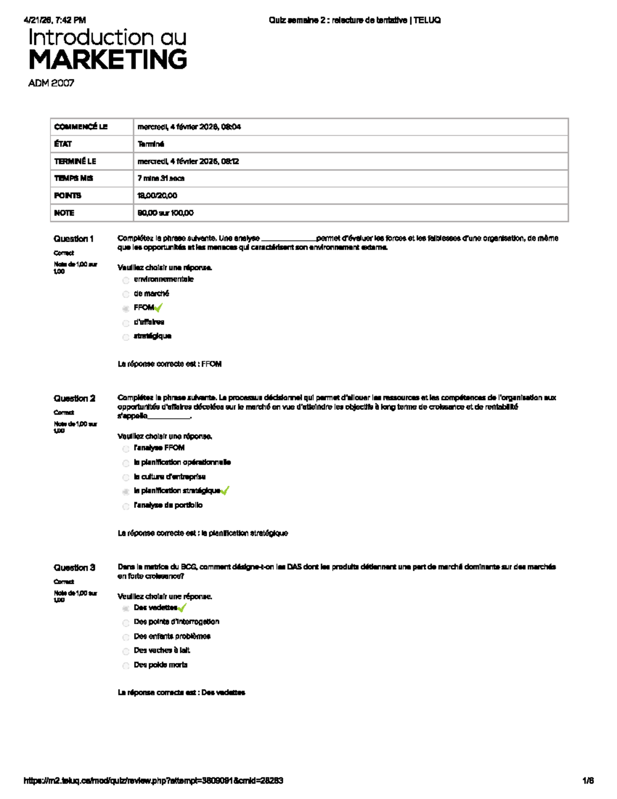 Quiz Semaine 2: Relecture de Tentative - MARKETING ADM 2007 - Studocu