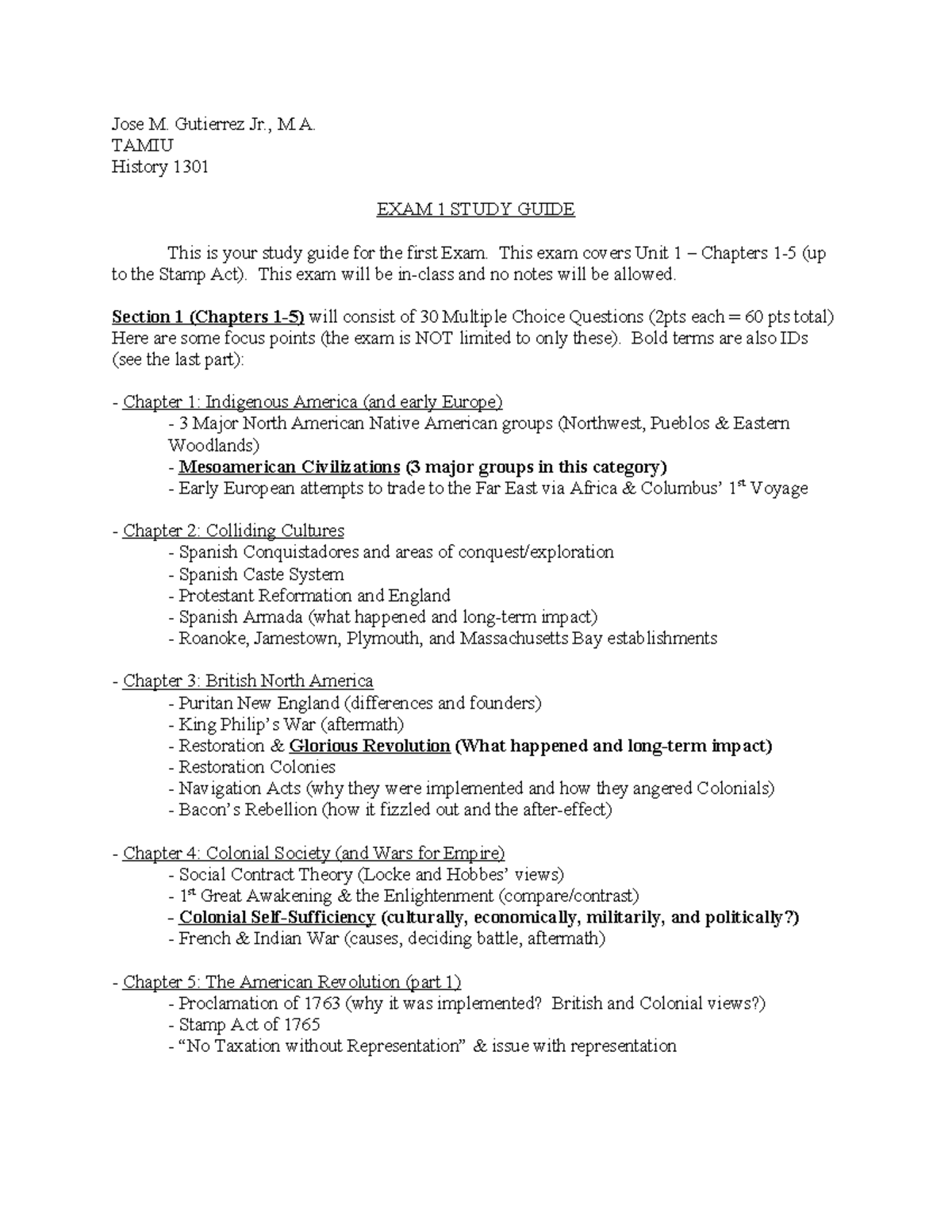 History 1301: Exam 1 Study Guide - Units 1-5 Overview - Studocu