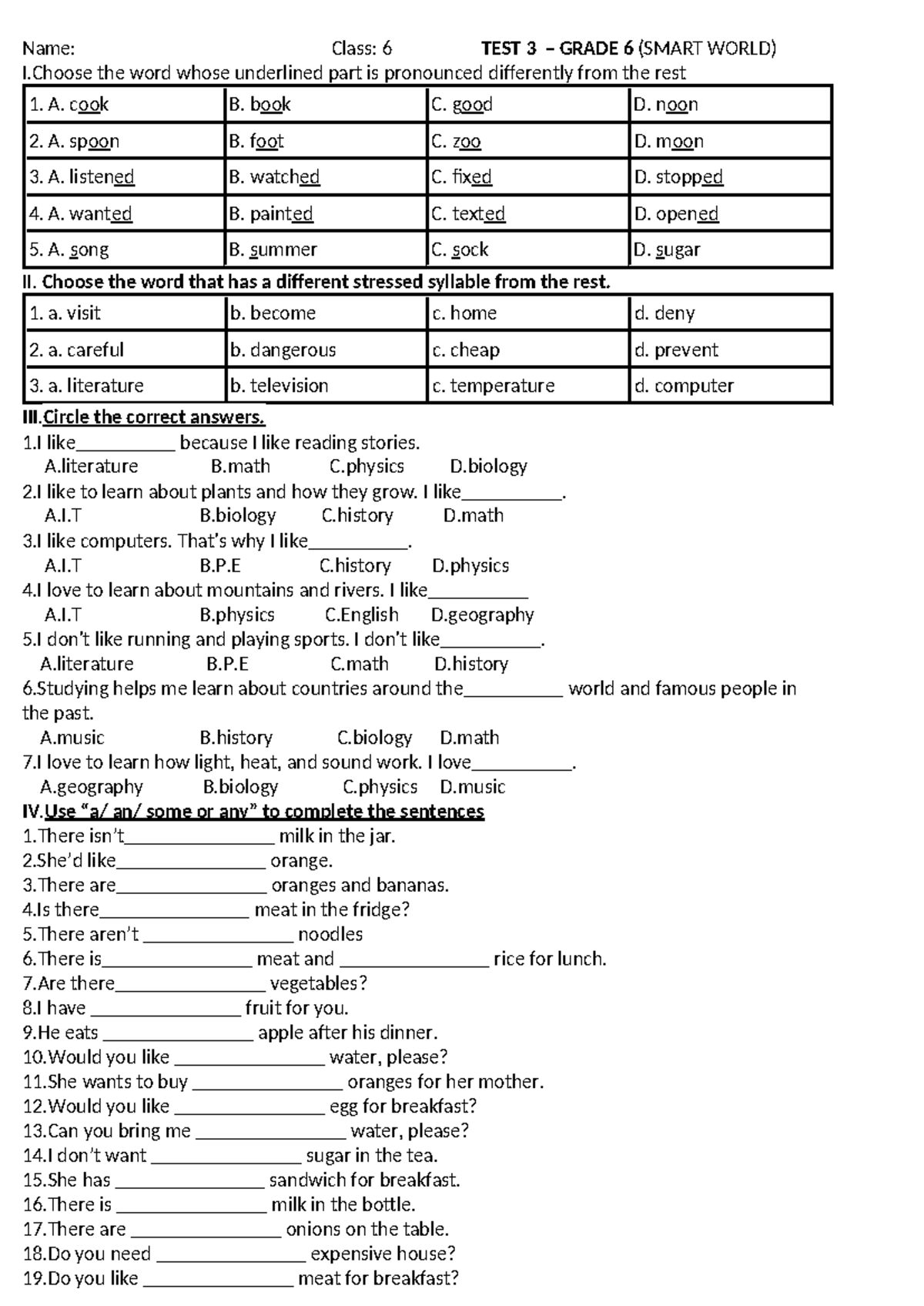 Grade 6 English Test 3: Pronunciation & Comprehension Skills - Studocu