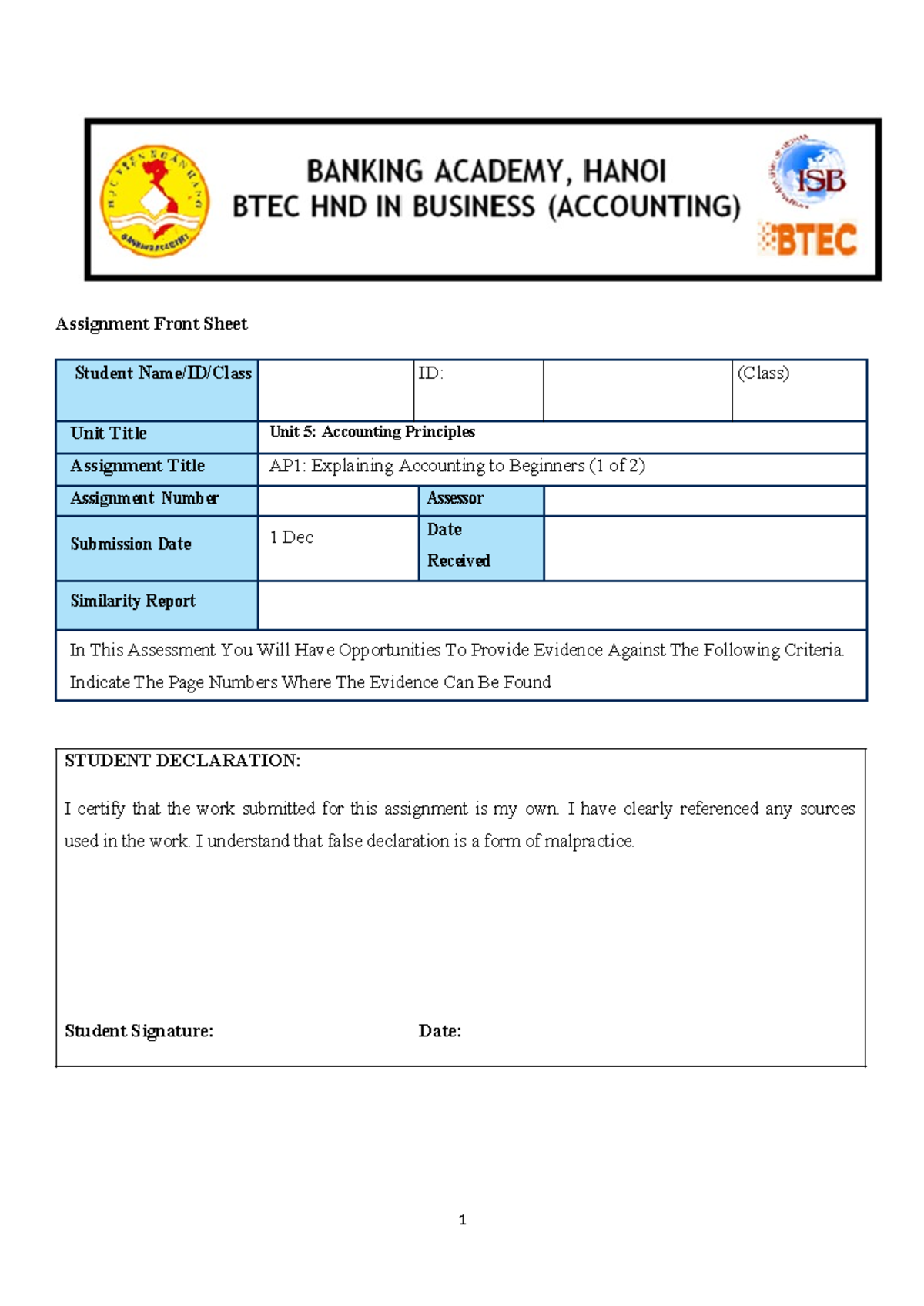 AP1 Unit 5 Cover Page: Accounting Principles Assignment Submission ...