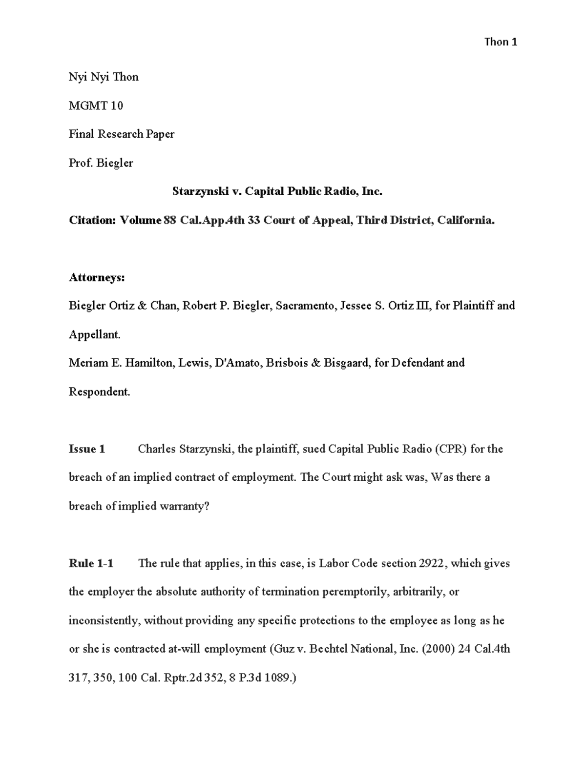 Mgmt-final-paper - Prof. Robert Biegler. My notes contain midterm ...