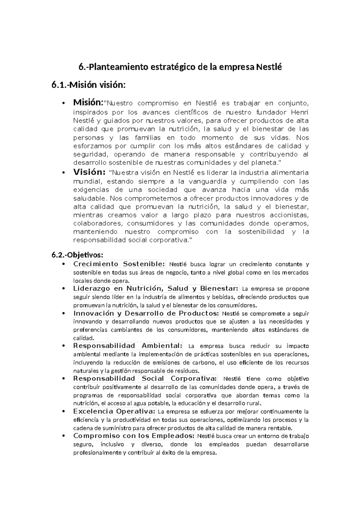 Planteamiento Estratégico de Nestlé: Misión, Visión y Metas - Studocu