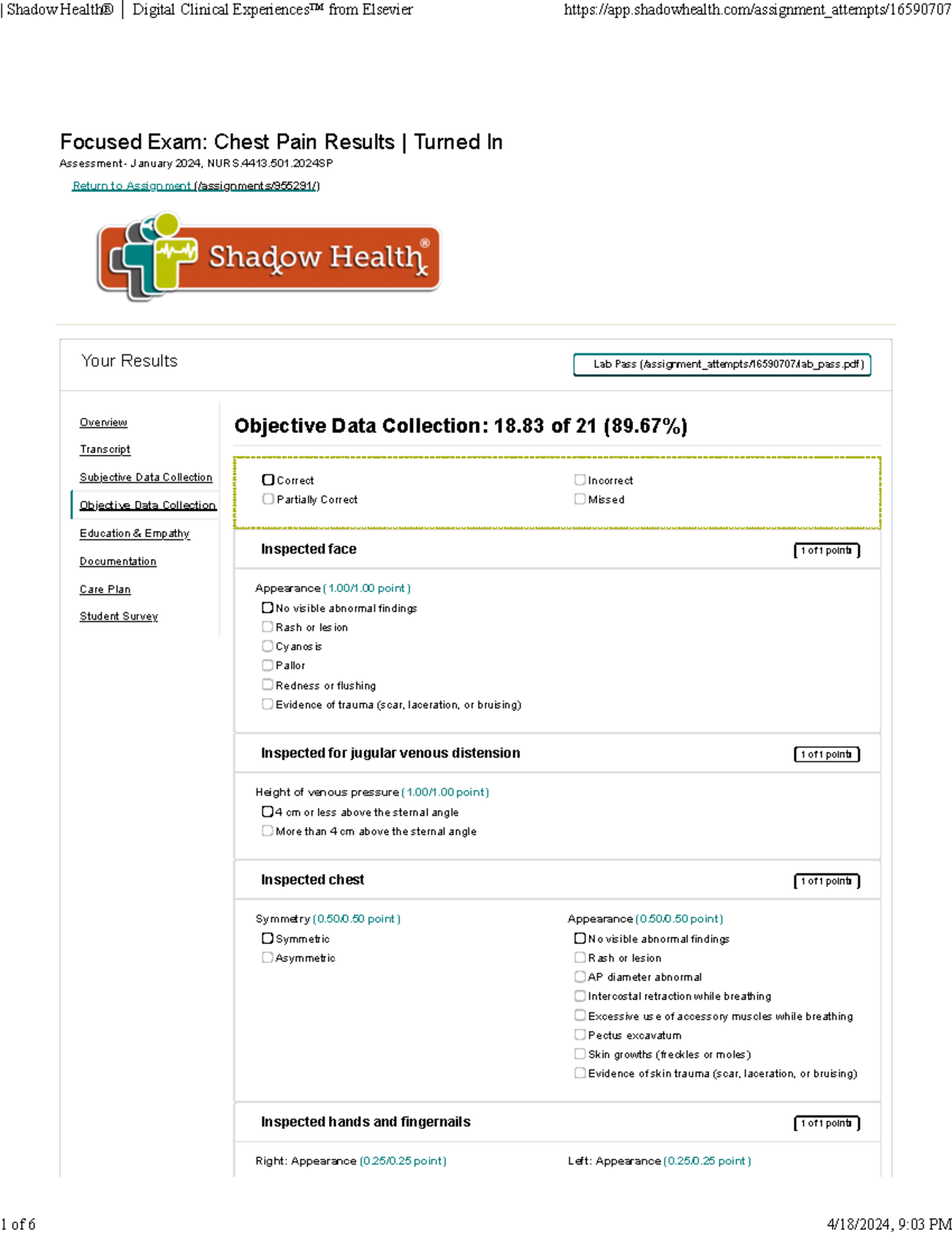 Focused Exam: Chest Pain Objective Data - NURS.4413.501.2024SP - Studocu
