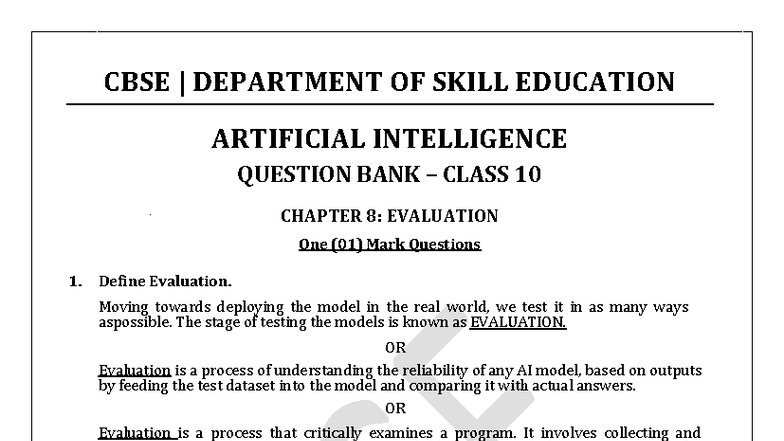 CBSE Class 10 AI Question Bank: Chapter 8 - Evaluation Insights - Studocu