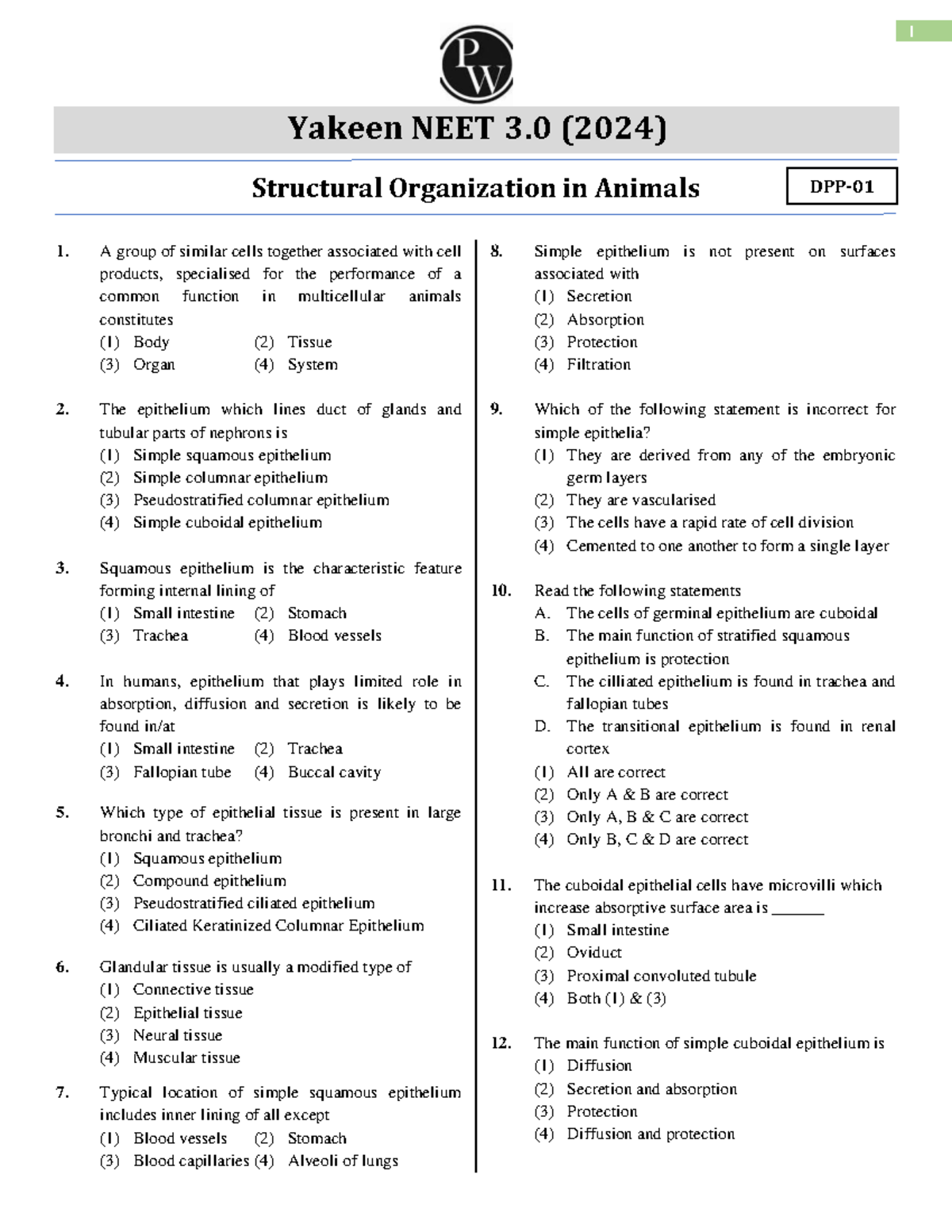 Structural Organization in Animals DPP-01 (Lec-02) Yakeen 3.0 (2024 ...