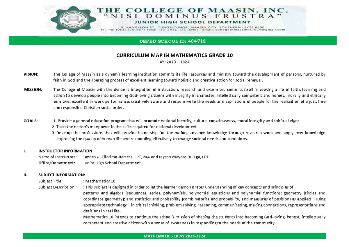 Mathematics 10 Curriculum Map AY 2023-2024 - Curriculum Overview - Studocu