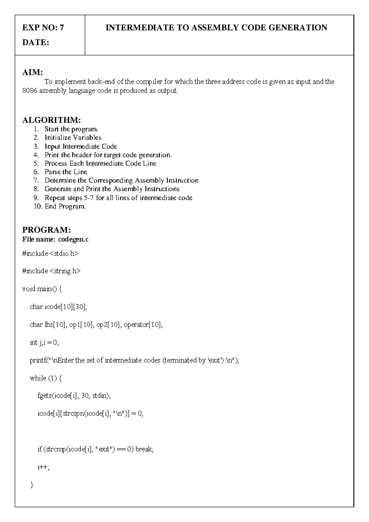EXP NO: 7 - Assembly Code Generation from Intermediate Code - Studocu
