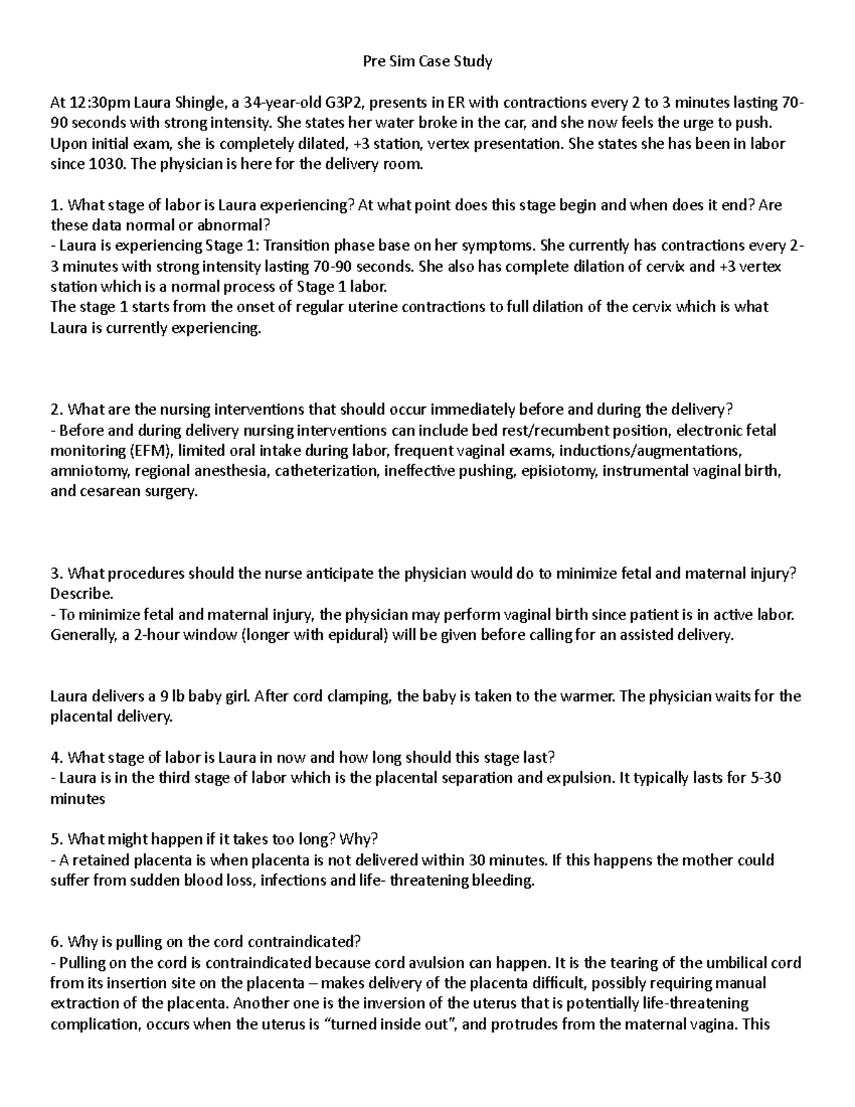 Case Study OB - Pre Sim Case Study At 12:30pm Laura Shingle, a 34-year ...