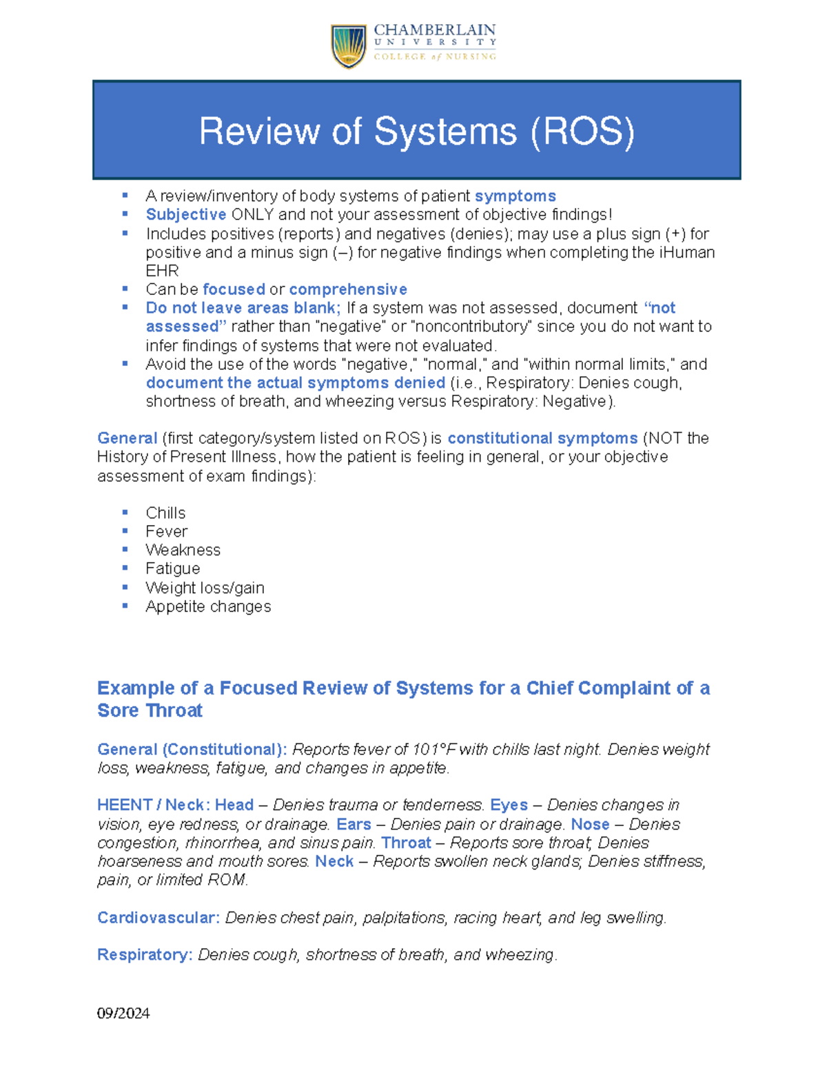 Review of Systems (ROS) Documentation for Patient Symptoms - Studocu