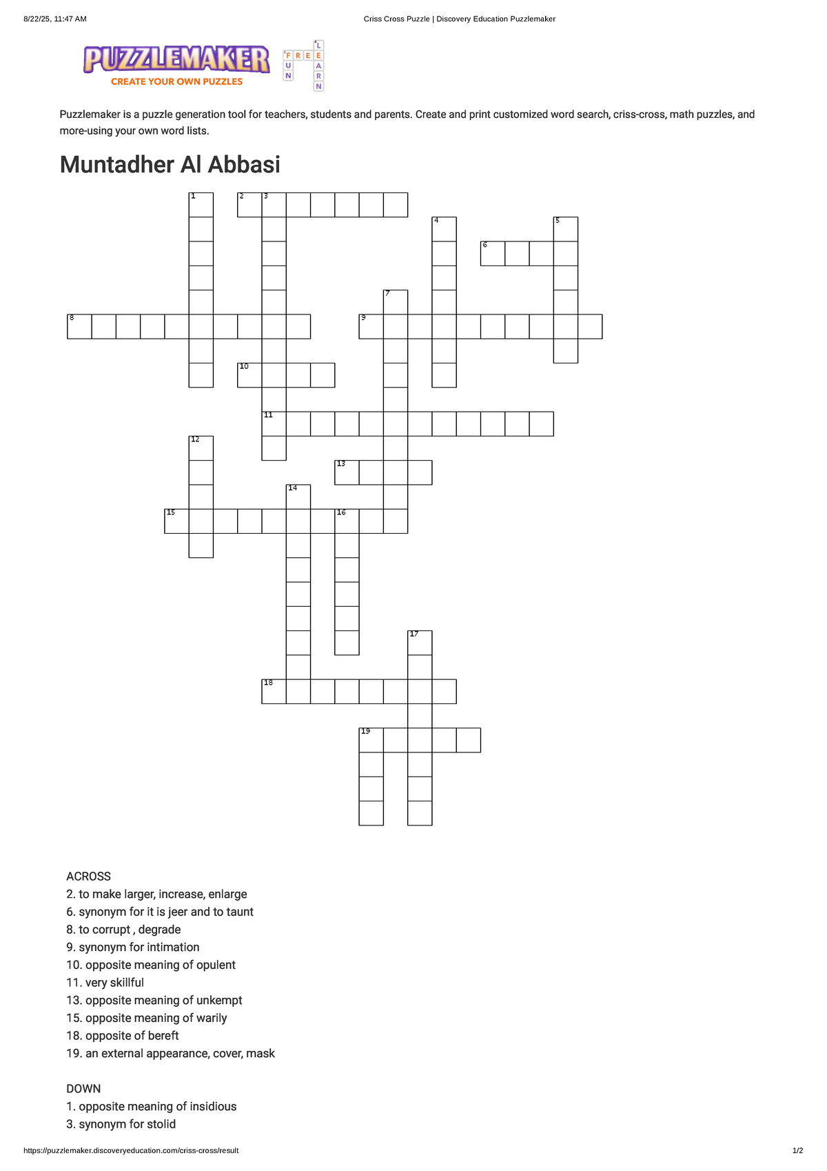 Criss Cross Puzzle - 6767 Word Search & Definitions - Studocu