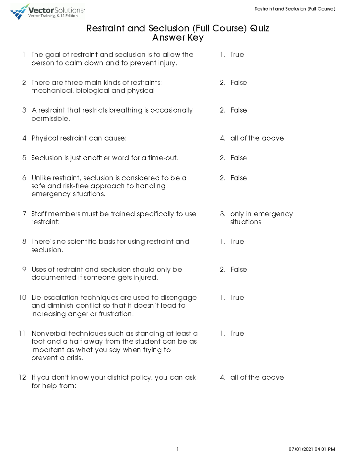 Psychiatric Nursing Restraint & Seclusion Review Quiz Answers - Studocu