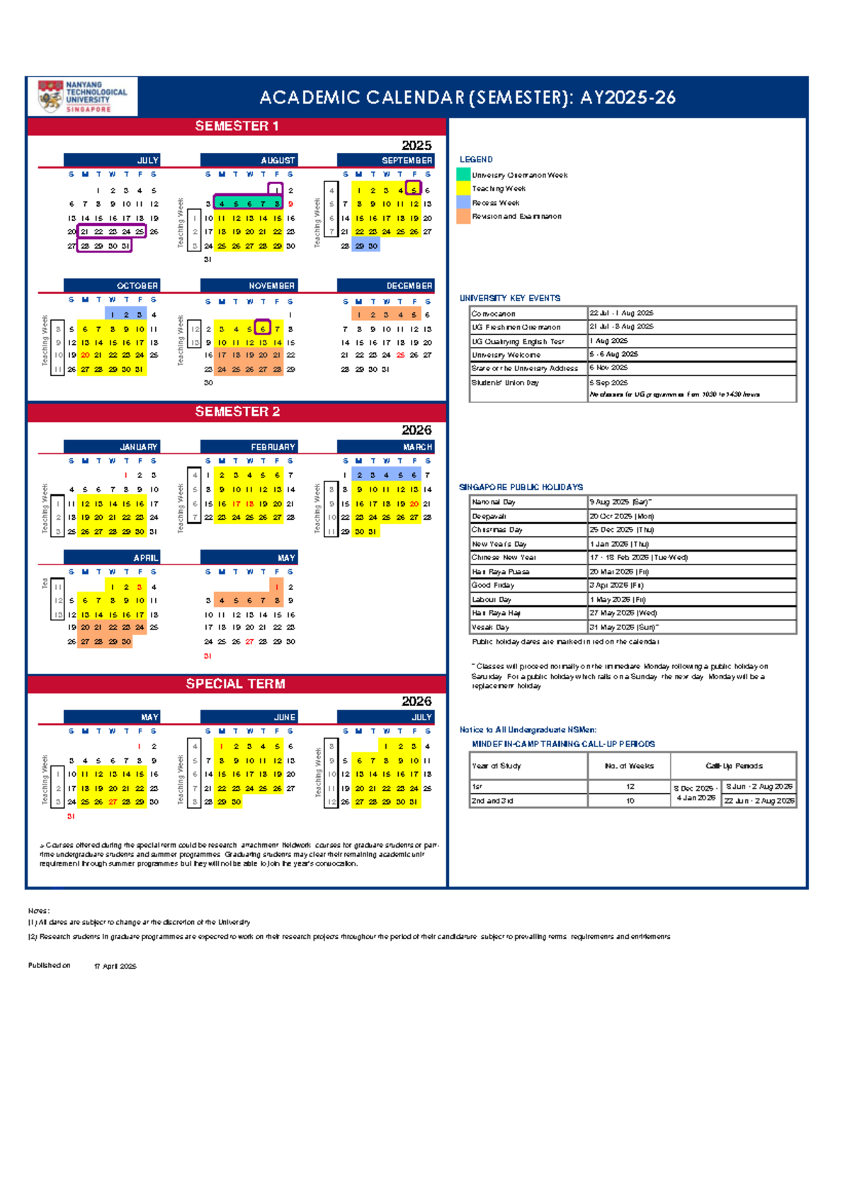 NTU Academic Calendar 2025-2026: Semester 1 & 2 Overview - Studocu