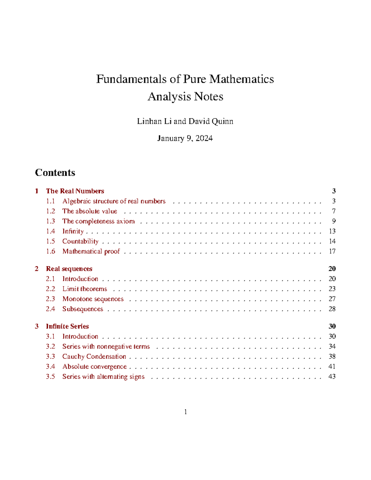 Analysis Notes on Pure Mathematics (MATH 101) by Linhan Li & David ...