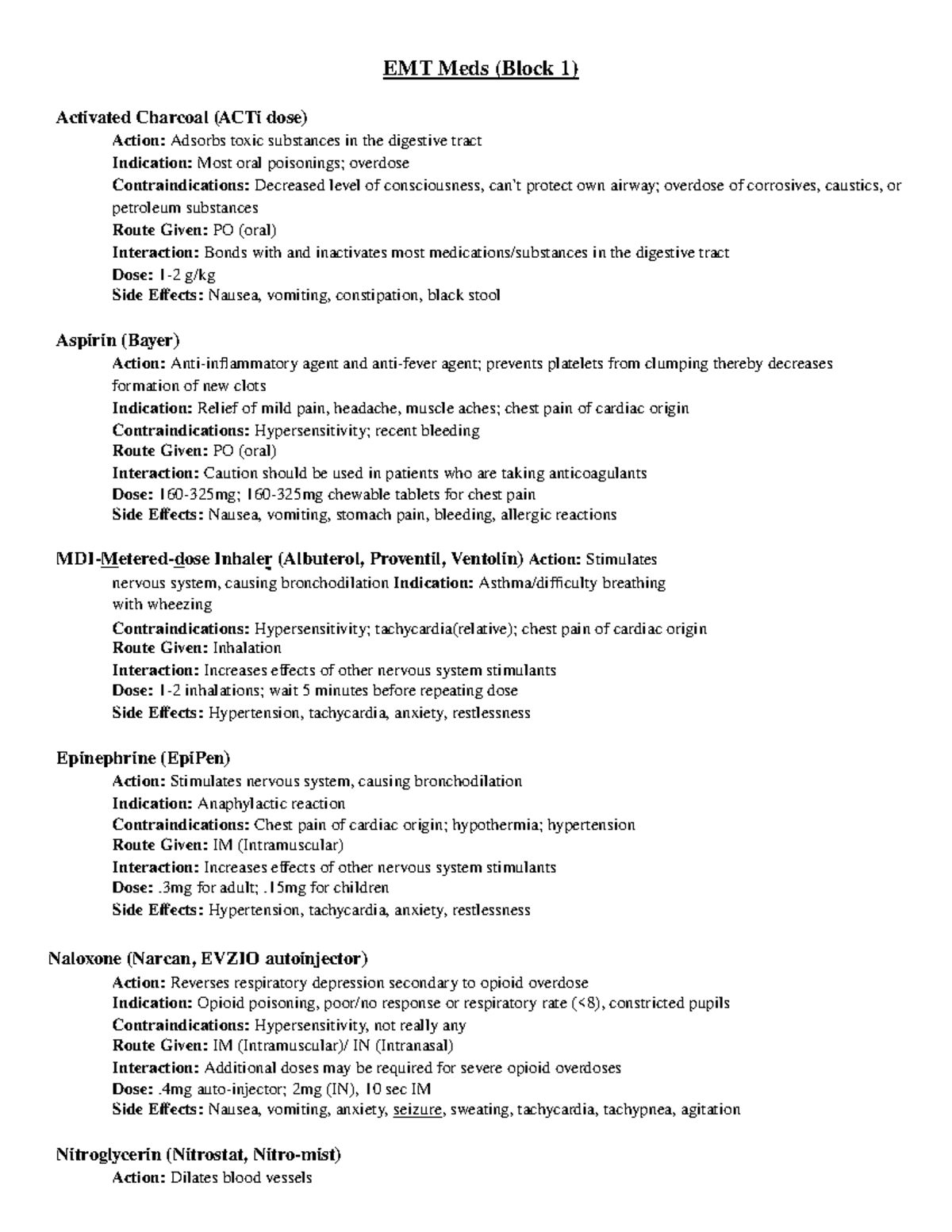 **EMT Meds & Conditions Overview (Block 1 & 2) - Final Notes** - Studocu
