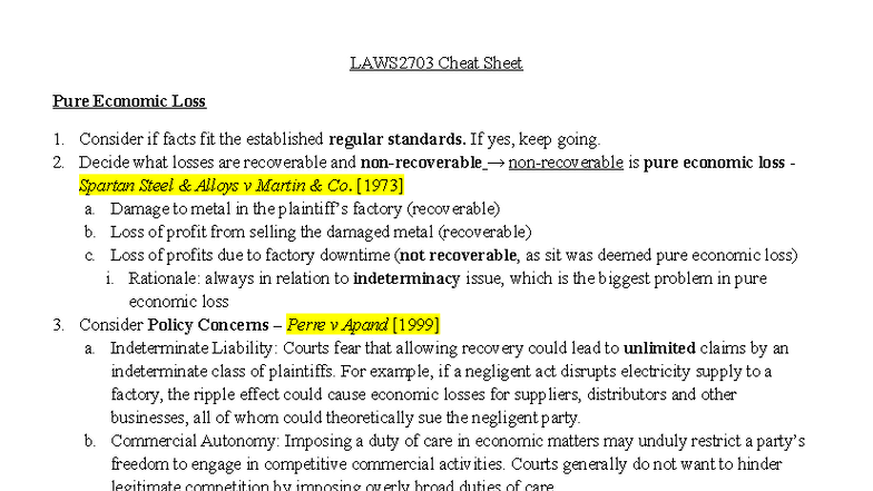 LAWS2703 Cheat Sheet: Understanding Pure Economic Loss - Studocu