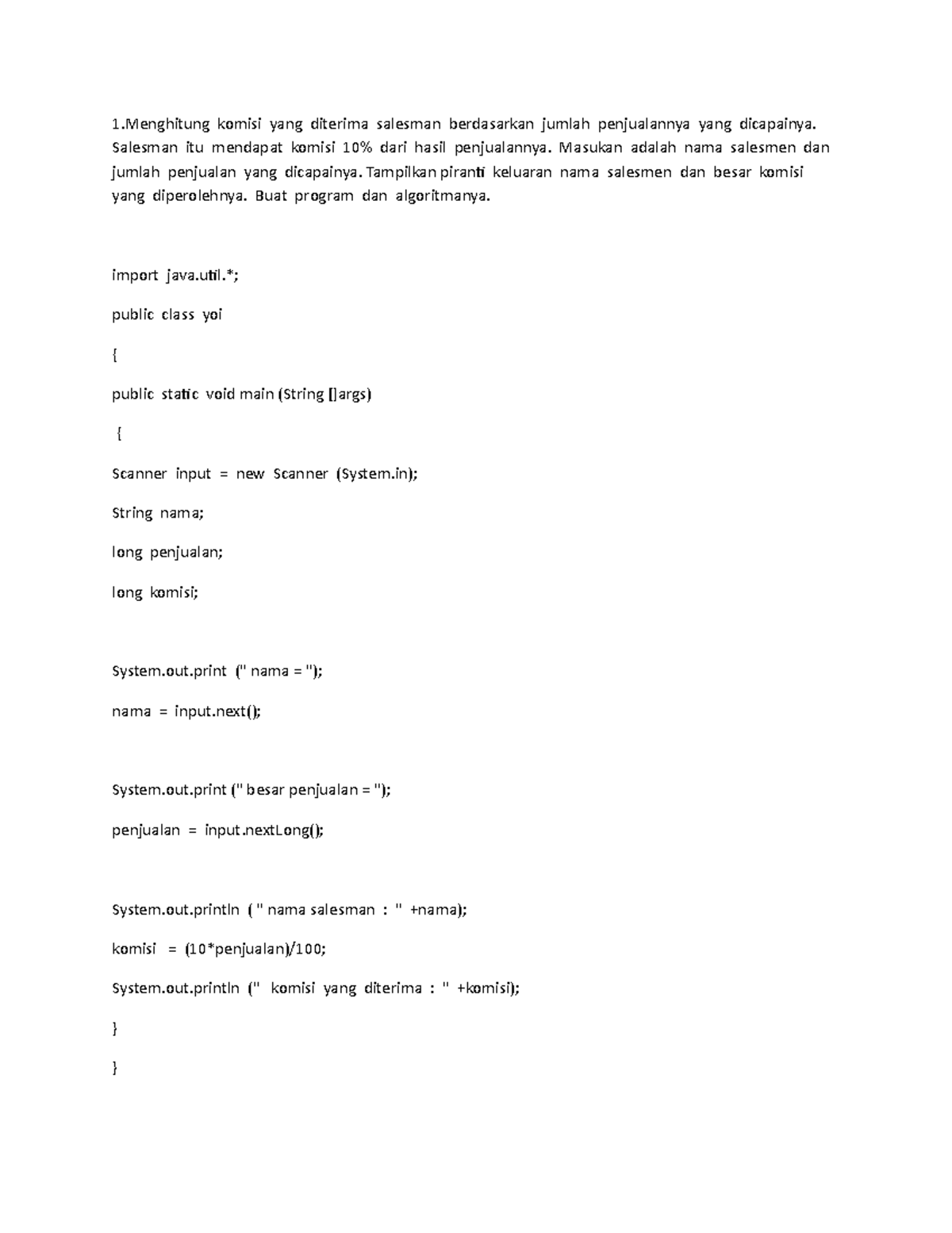 Algoritma dan Kode Program Java untuk Komisi dan Gaji Karyawan - Studocu