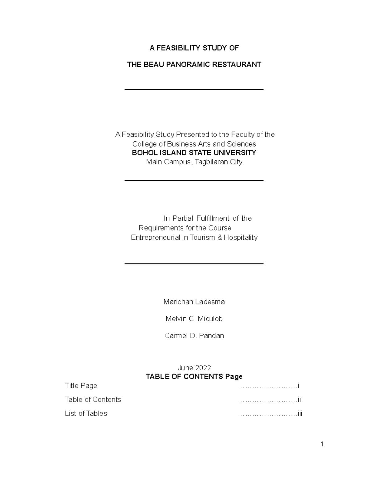 Feasibility Study: The Beau Panoramic Restaurant (ENT 101 - Pre-Final ...