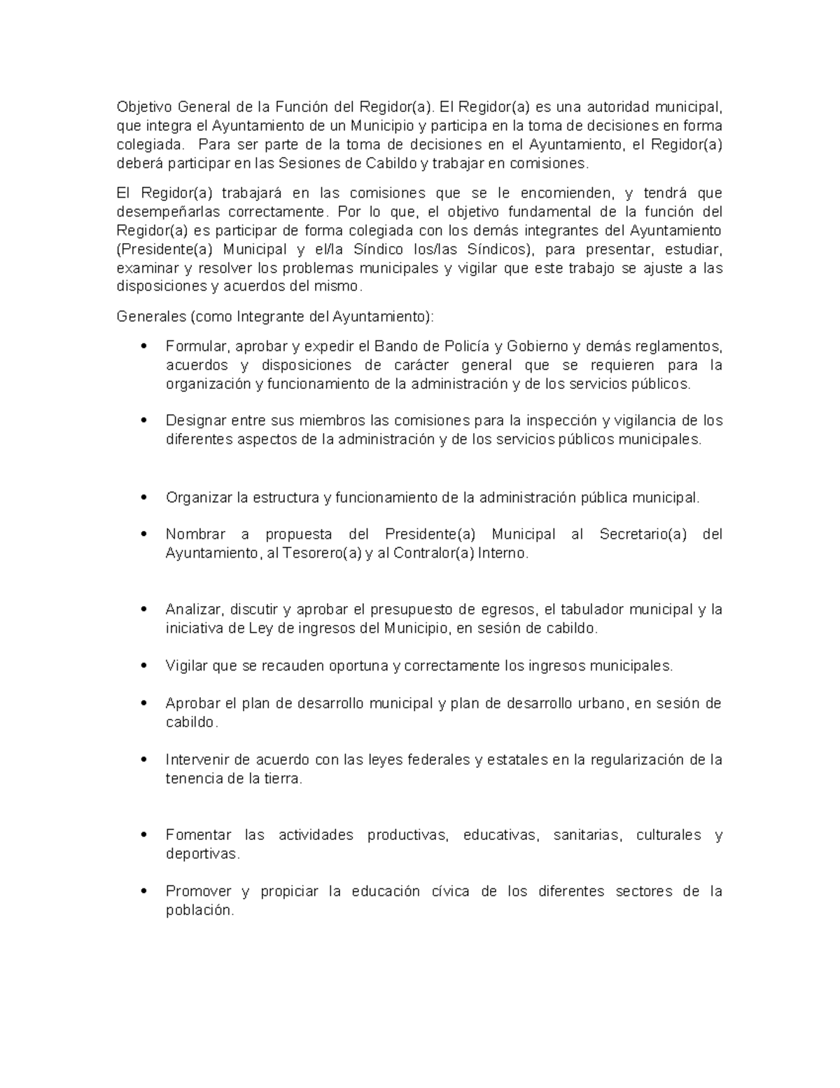 Funciones y Objetivos del Regidor(a) en el Ayuntamiento de Oaxaca - Studocu