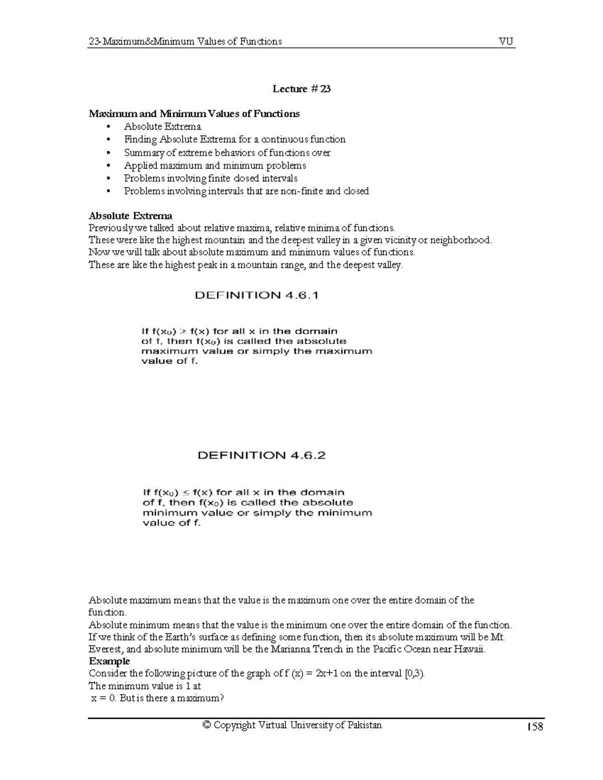 Lecture 23 - Lecture # 23 Maximum and Minimum Values of Functions Absolute Extrema Finding ...