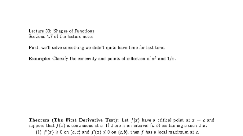 MATH 137 Lecture 30: Analyzing Function Shapes and Tests - Studocu