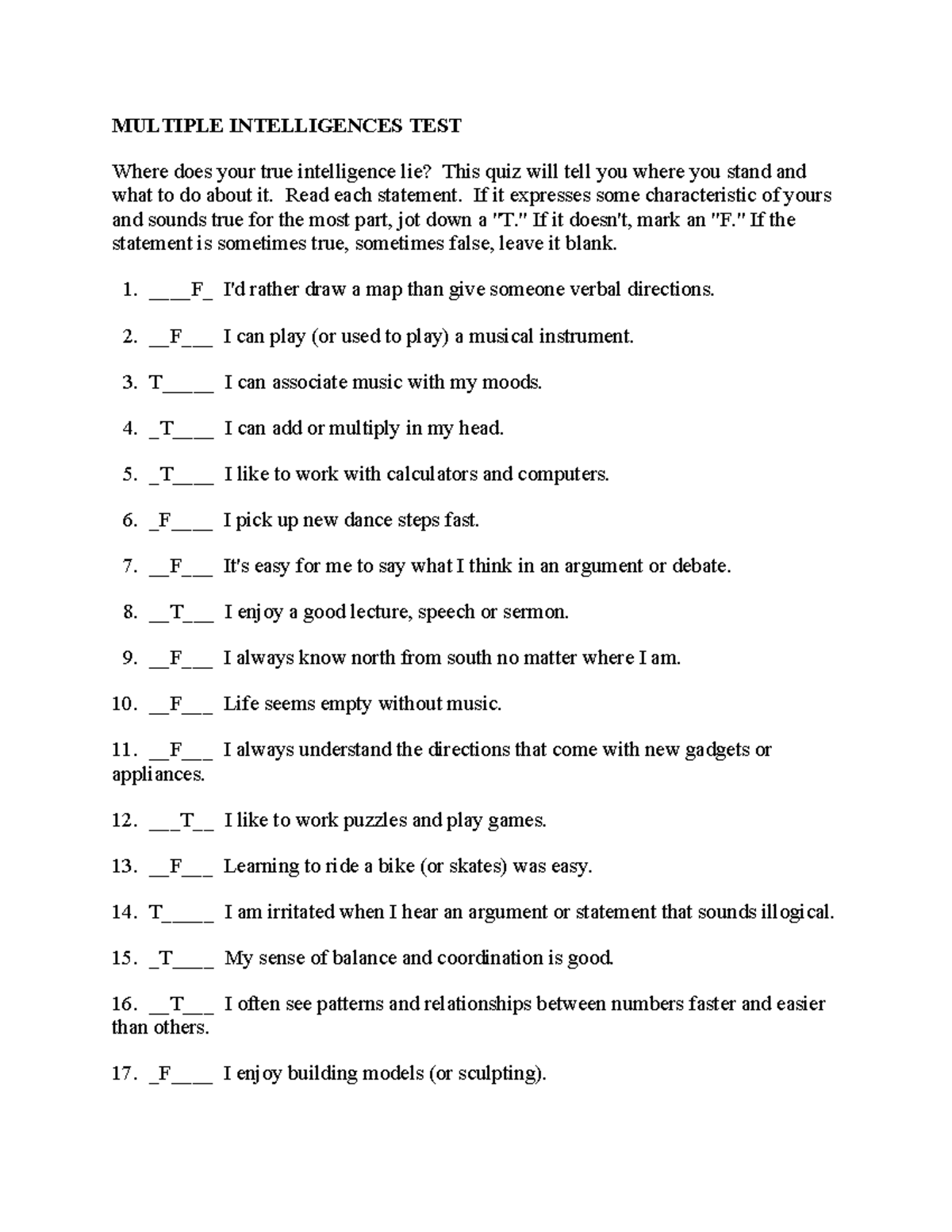 Multiple Intelligences Quiz: Discover Your True Intelligence Type - Studocu