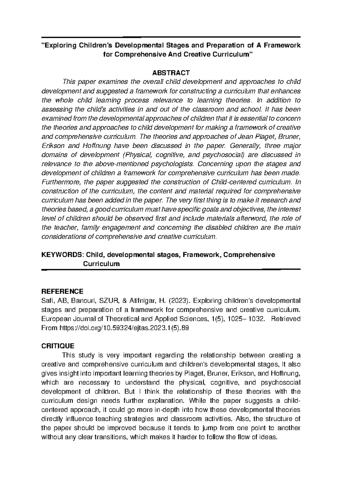 Case Study PSY-100 Final - "Exploring Children's Developmental Stages ...