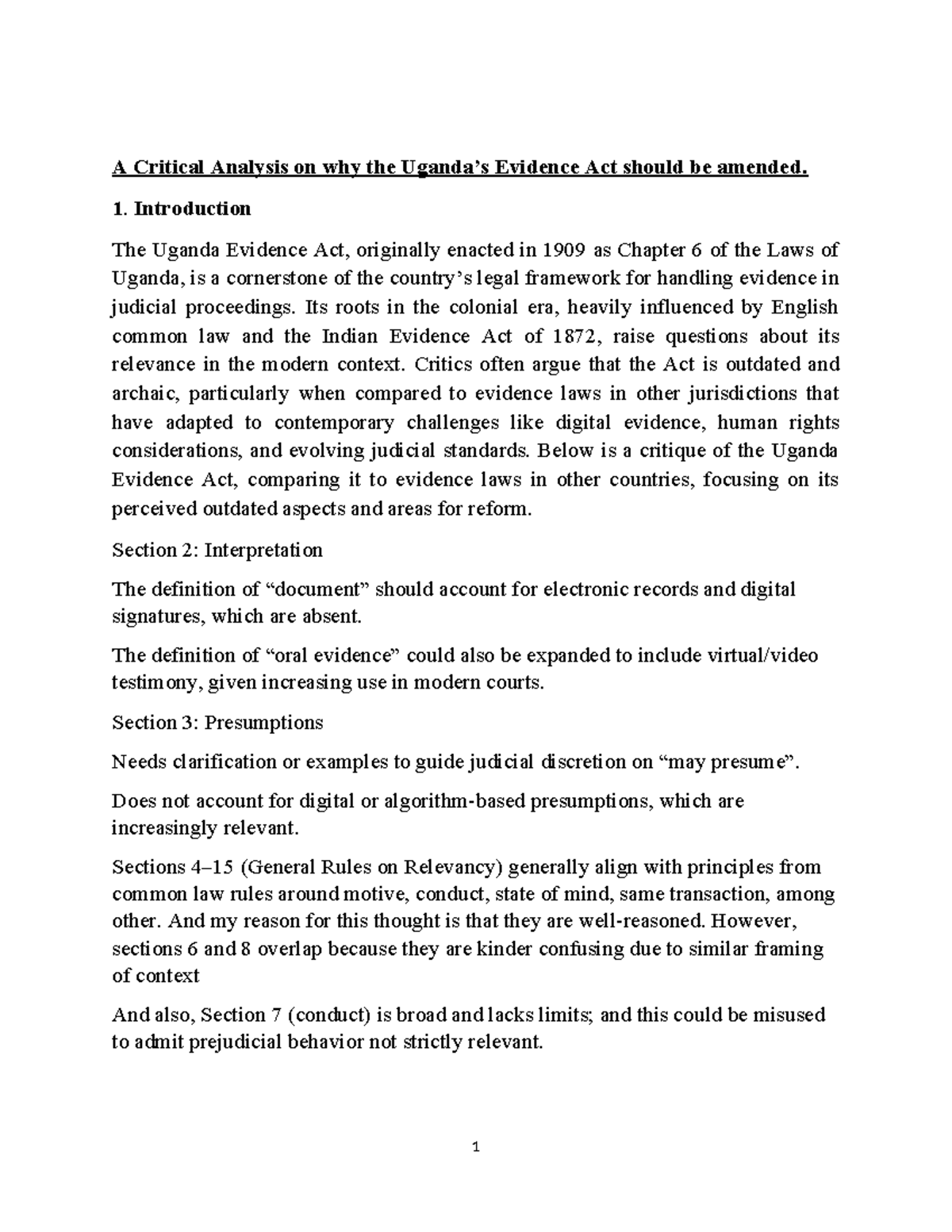 Critique on Uganda's Evidence Act: Need for Modern Amendments - Studocu