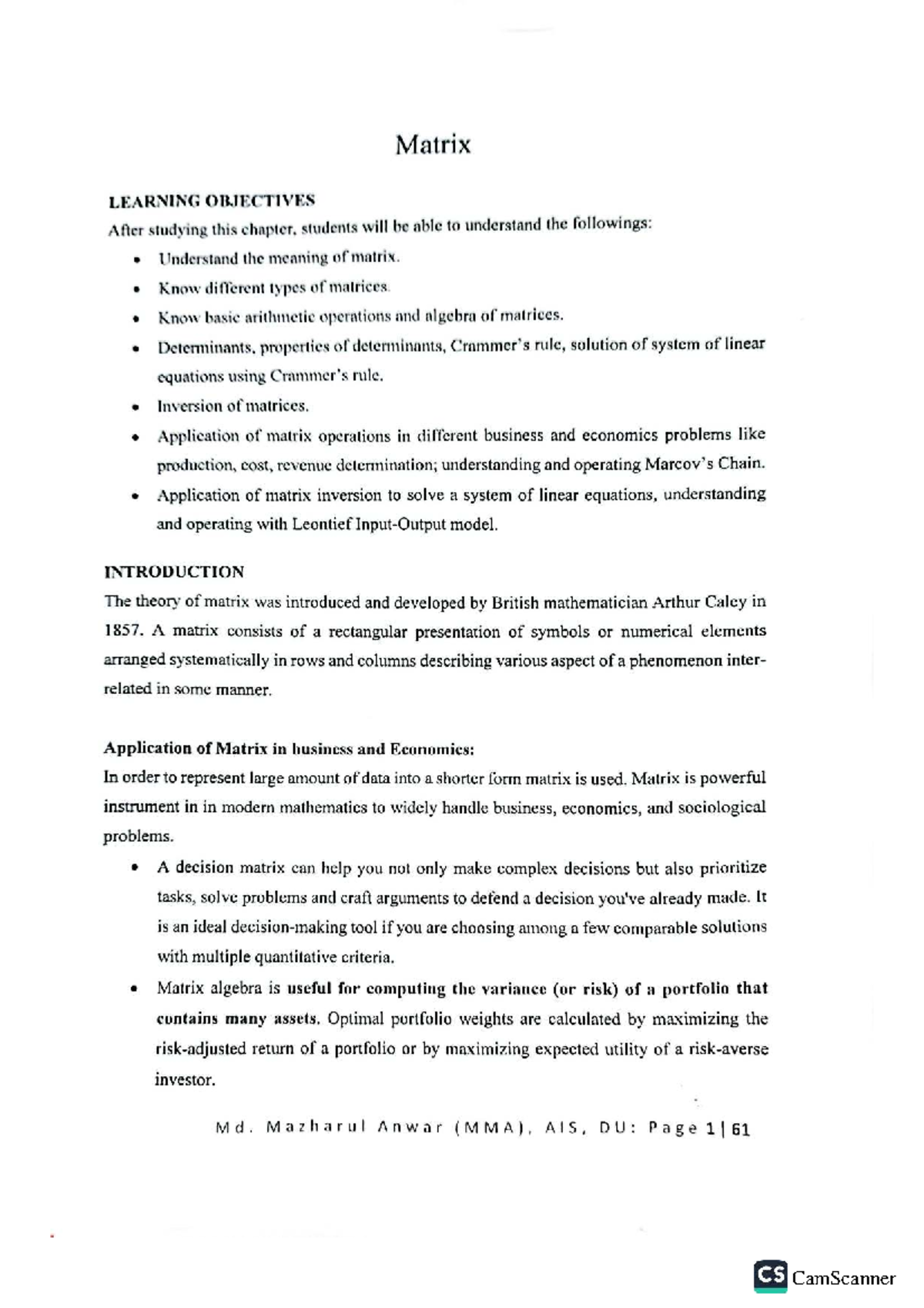 Matrix Applications in Business and Economics - MMA 1204 - Studocu