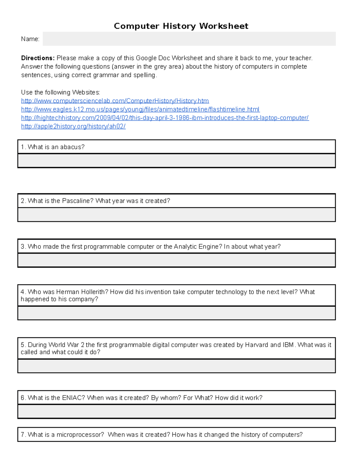 Computer History Worksheet - Computer History Worksheet Name ...