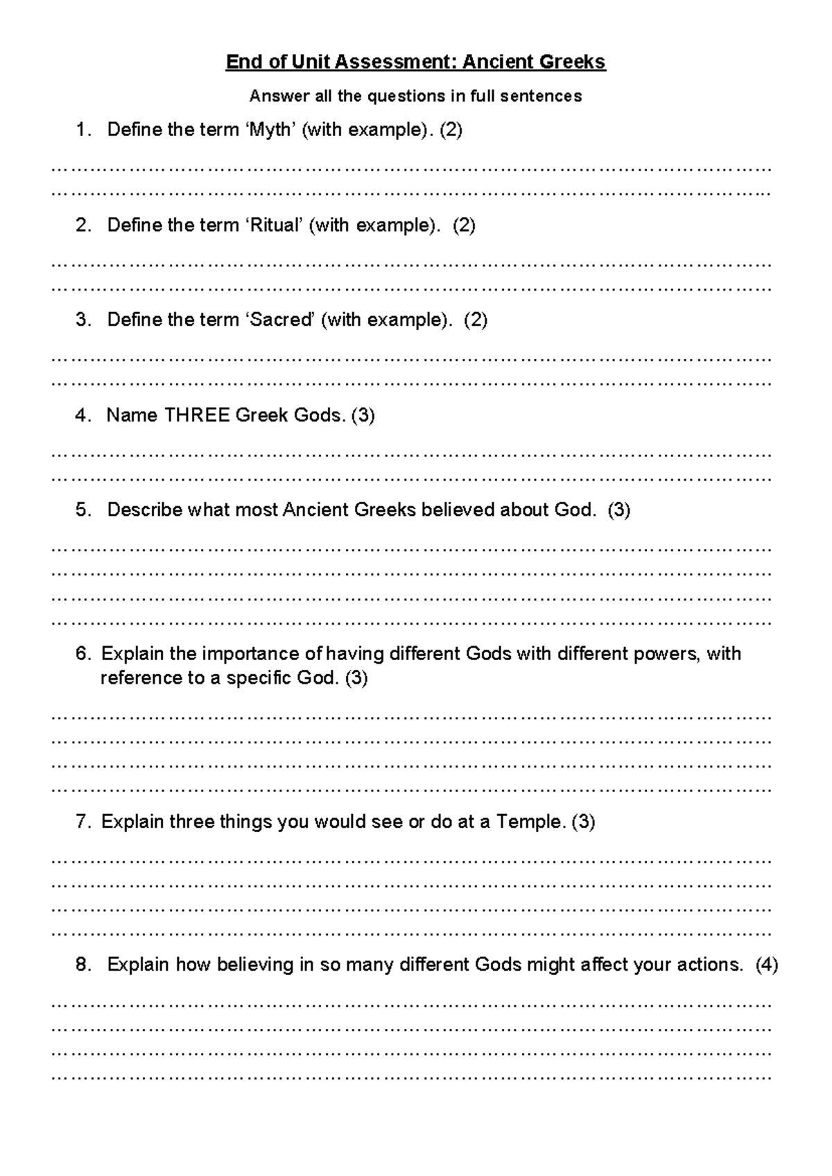 7 - Unit Assessment: Ancient Greek Beliefs and Myths - Studocu