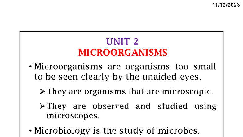 [Biol 12] Unit 2 - Microorganisms: Overview and Classification - Studocu