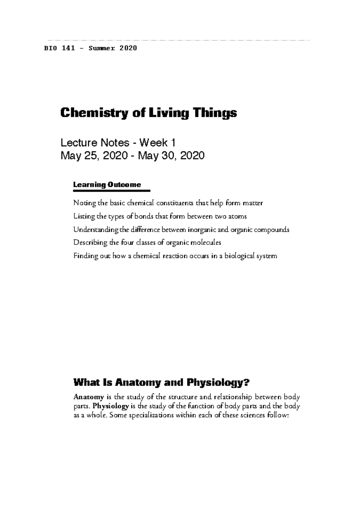 Chemistry of Living Things - Lecture Notes - What Is Anatomy and ...