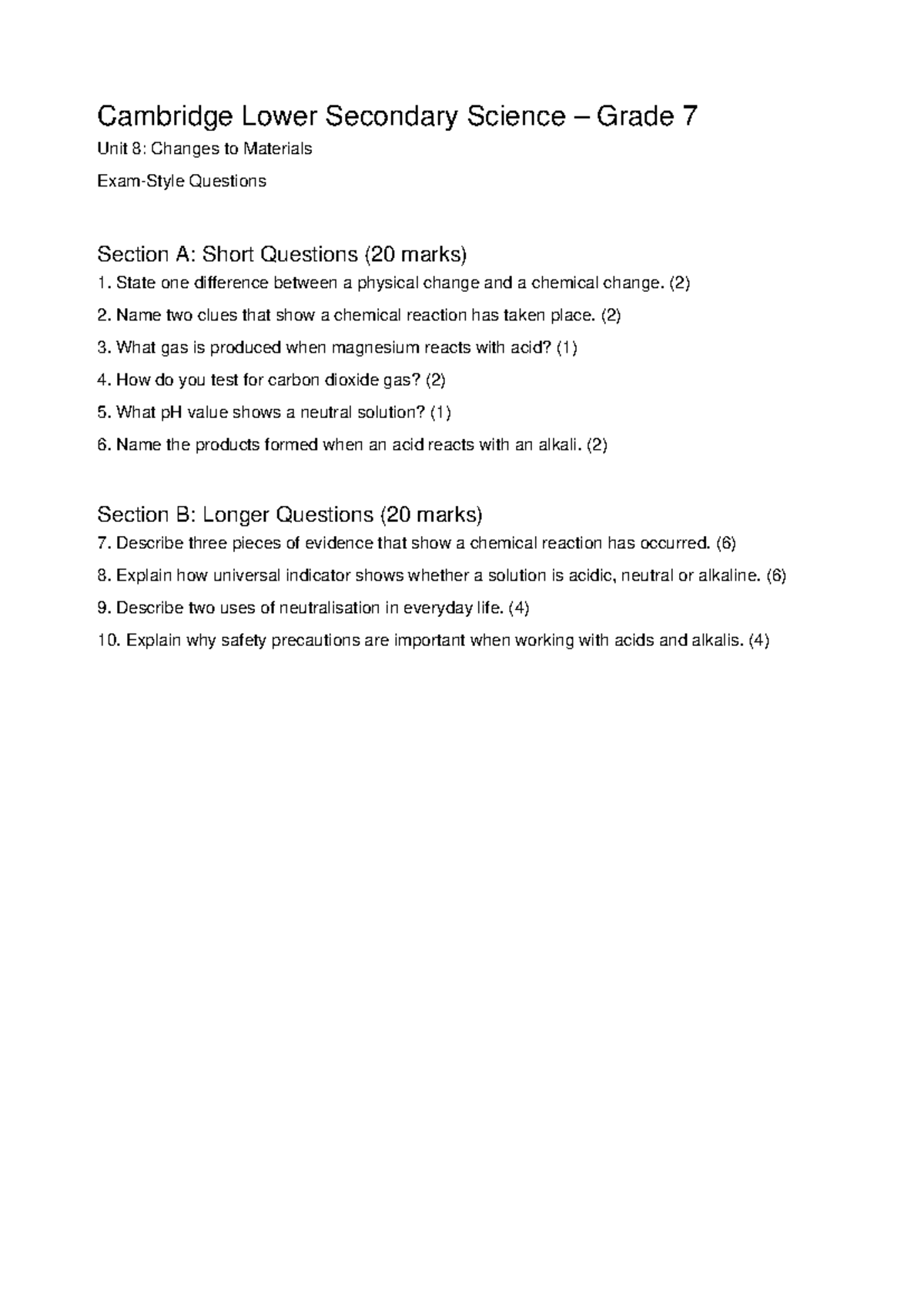 Cambridge Lower Secondary Science Grade 7 Unit 8 Exam Qs & Memo - Studocu