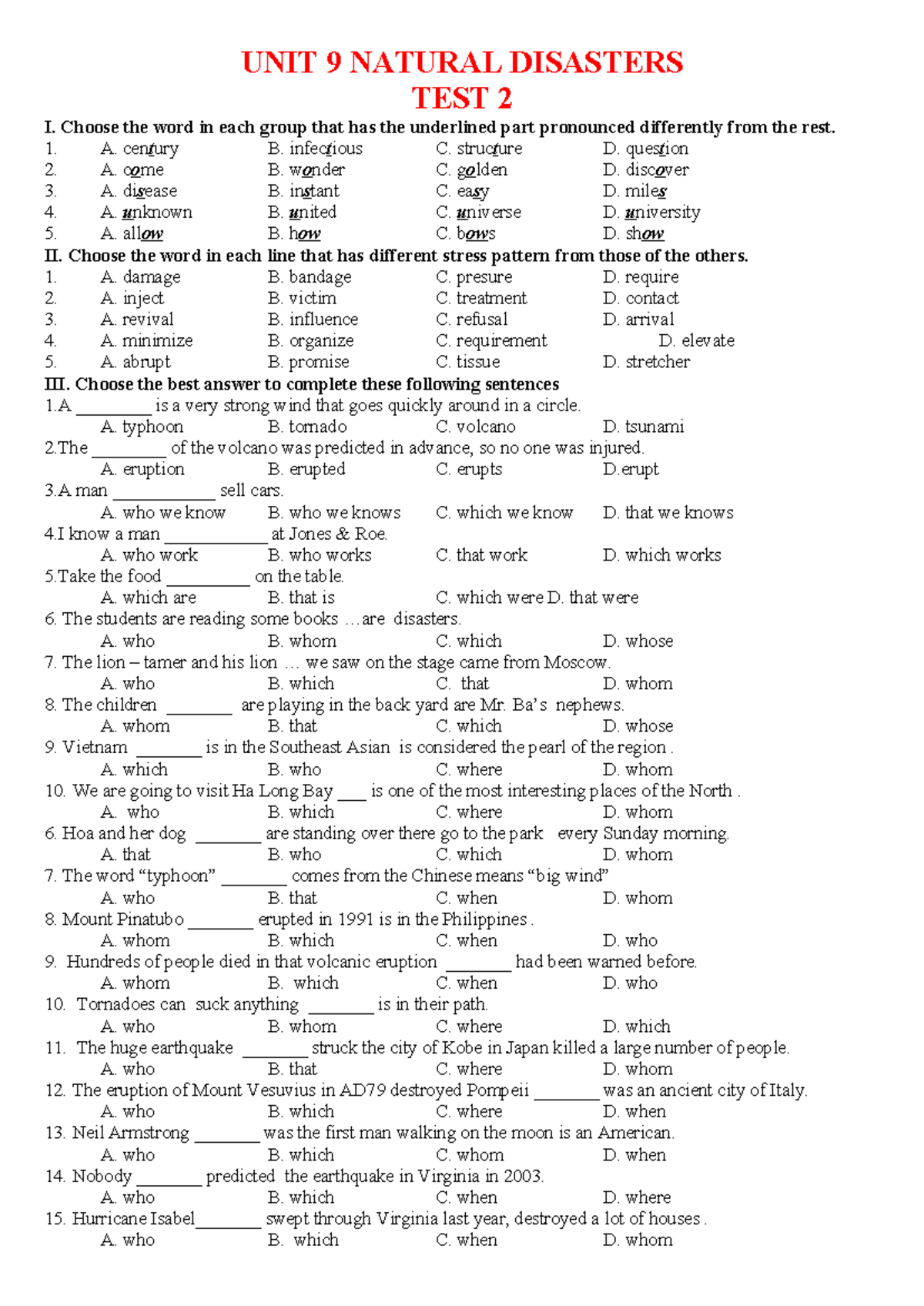 English 9 UNIT 9 Natural Disasters TEST 2 Practice Questions - Studocu