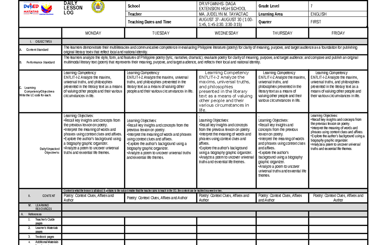 DLL 2024-2025-ENG 7 Daily Lesson Log for Literature Analysis (Q1) - Studocu