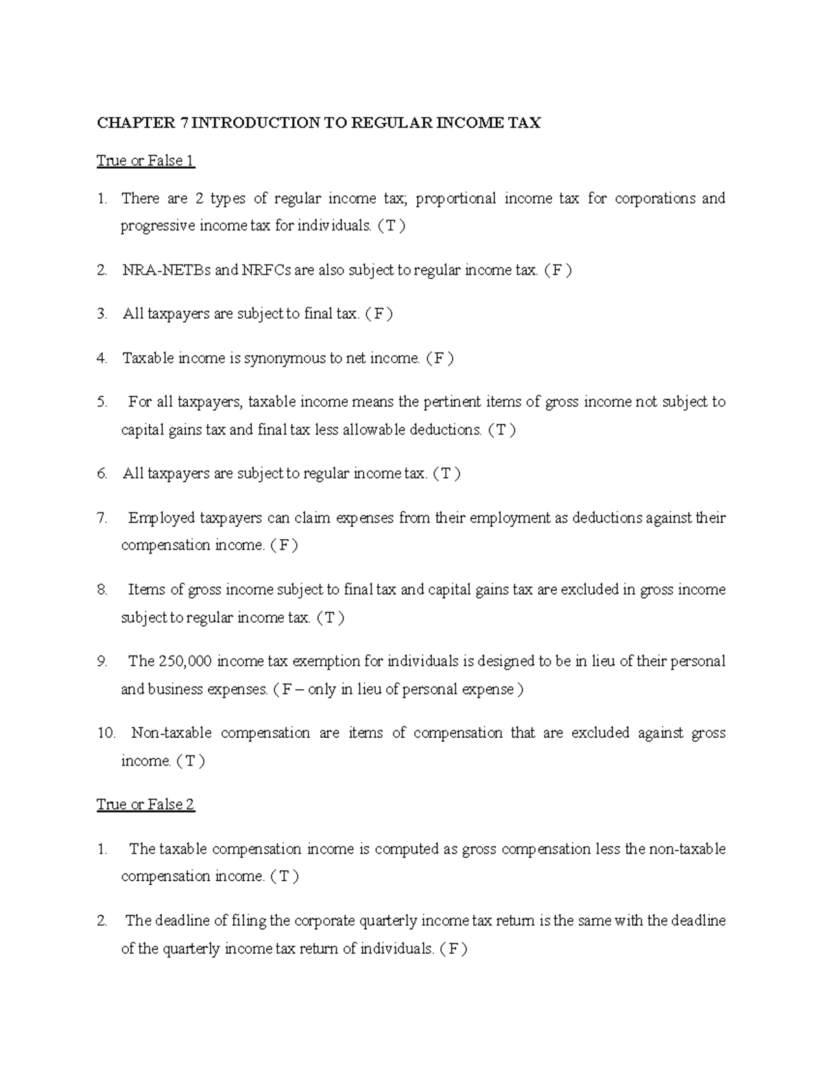 Chap 7 - income tax - CHAPTER 7 INTRODUCTION TO REGULAR INCOME TAX True ...
