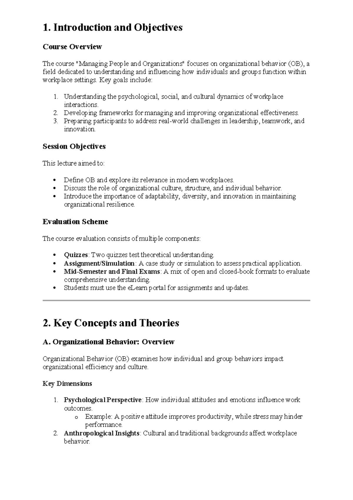Summary 1 - Intro to OB - 1. Introduction and Objectives Course ...