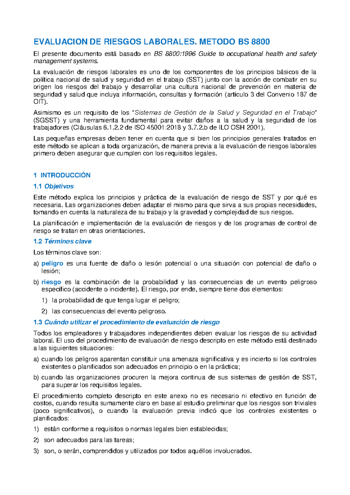 Guía ERL: Evaluación de Riesgos Laborales según Método BS 8800 - Studocu