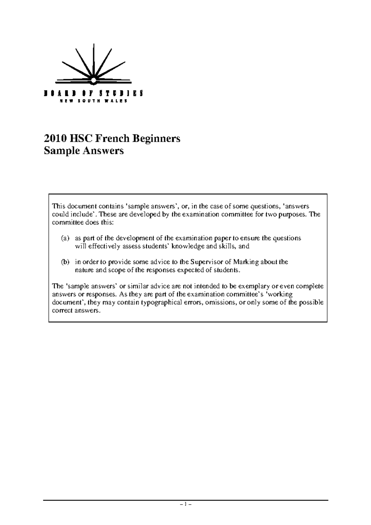 2010 HSC French Beginners Written Exam Sample Answers - Studocu