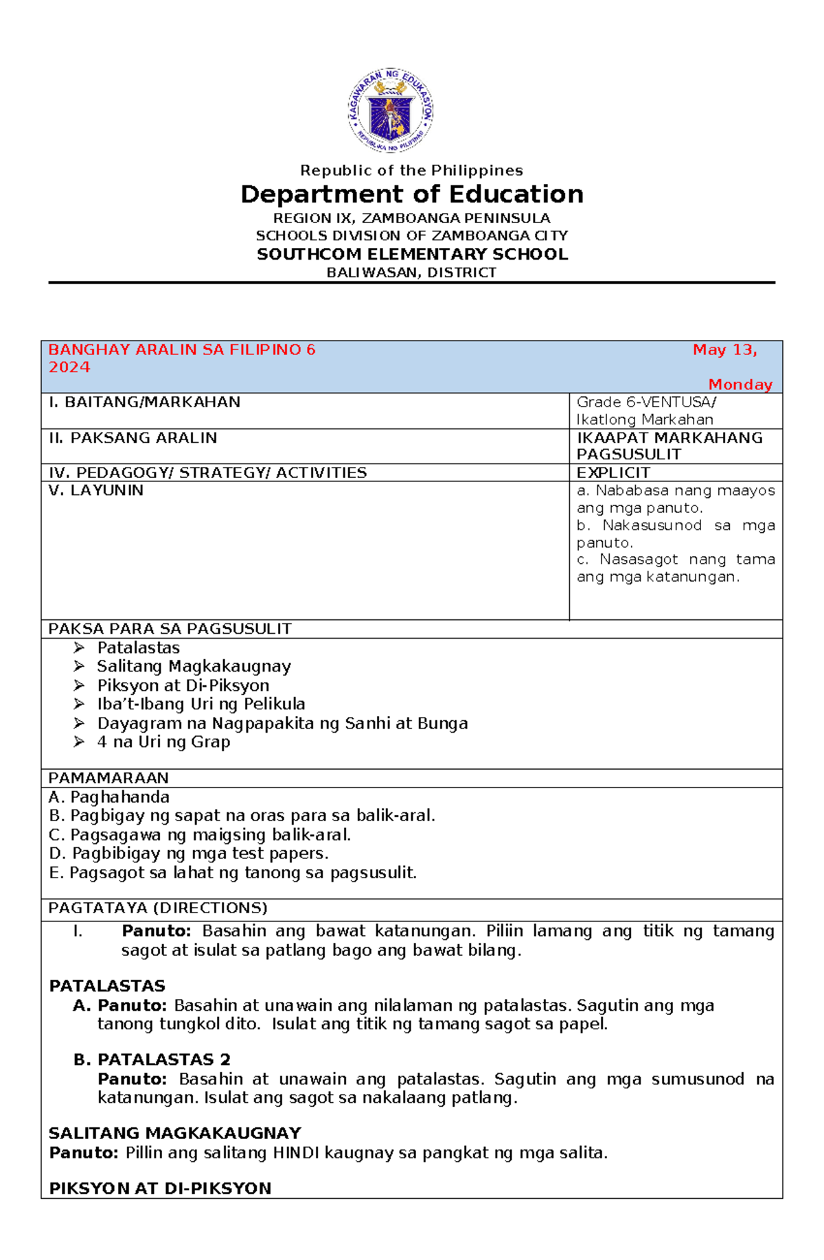 Pagsusulit sa Filipino 6 - Lesson Plan para sa Ikatlong Markahan - Studocu