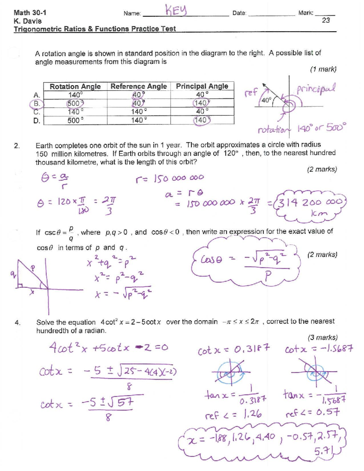 Math H E Trigonometric Ratios Functions Practice Test Solutions - Studocu