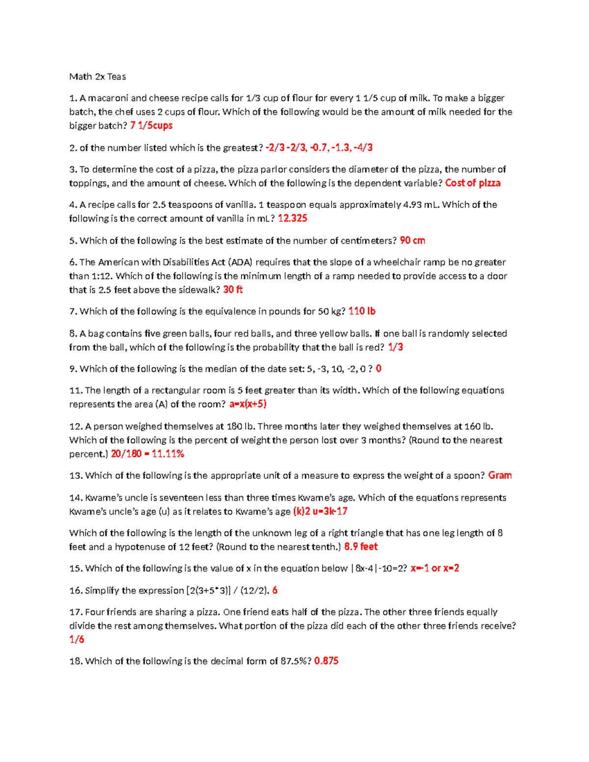 Math 2x Teas - Practice Questions for TEAS Test Preparation - Studocu
