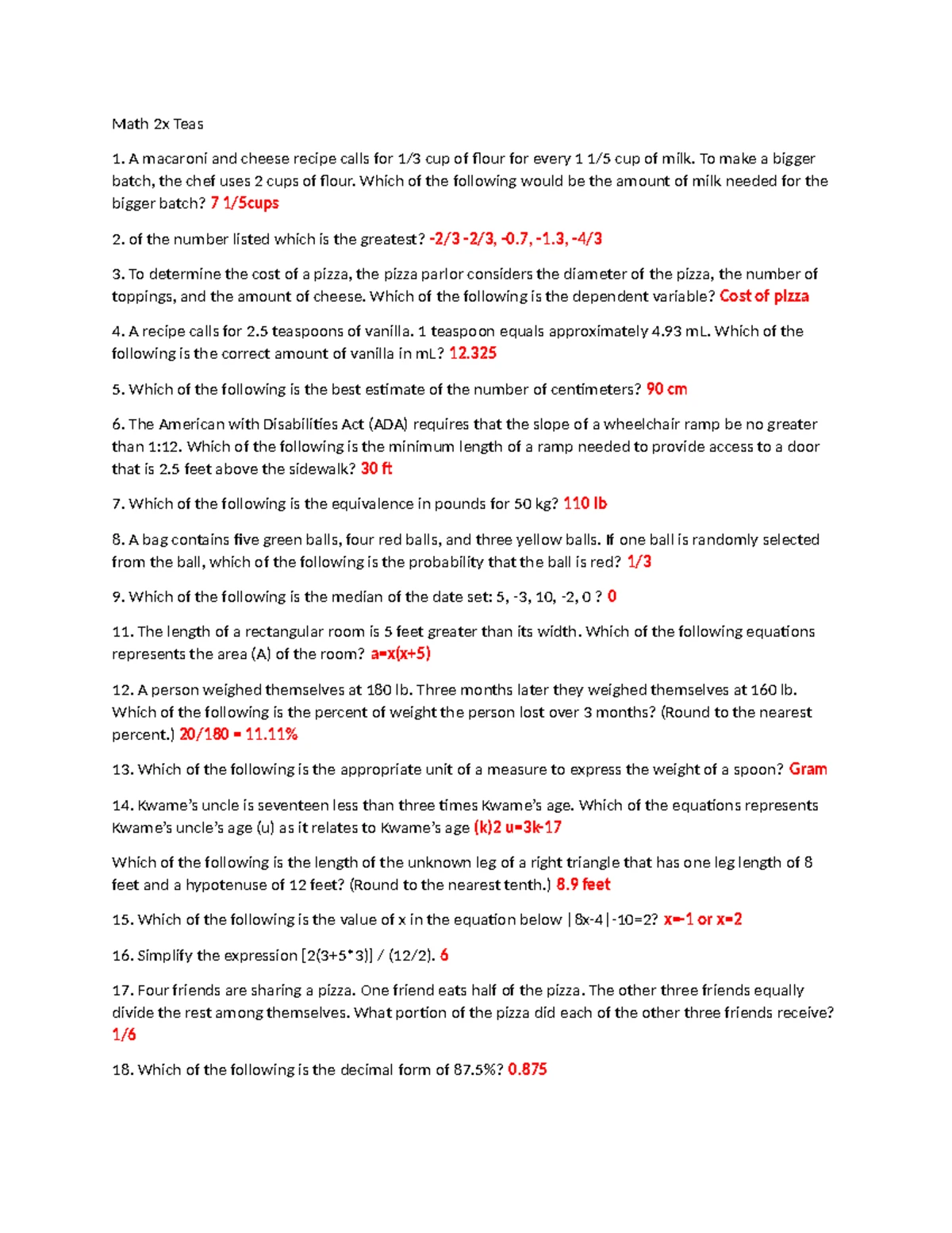Math 3x Teas - Practice Questions for TEAS Test Preparation - Studocu