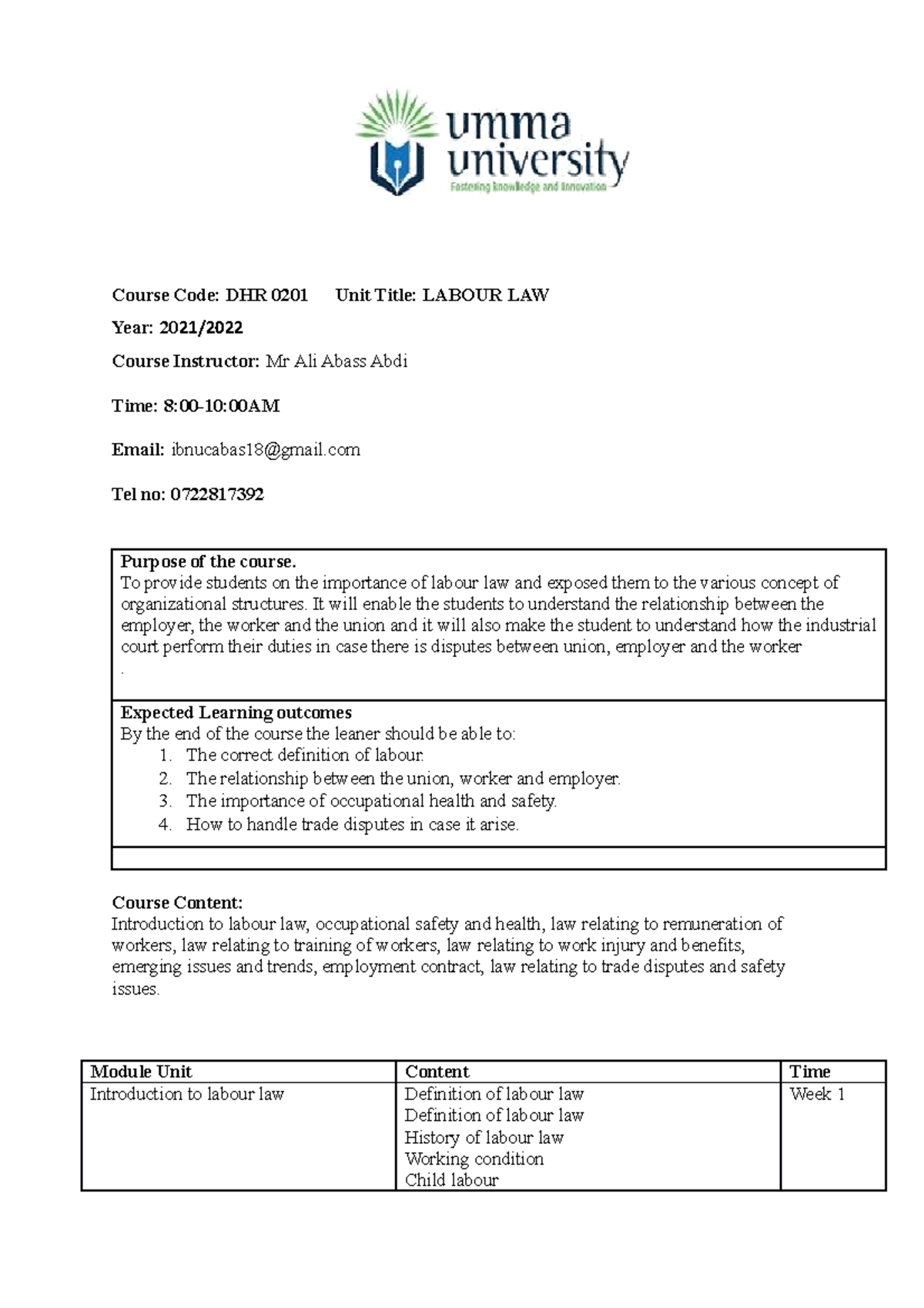 DHR 0201 Labour Law Course Outline & Learning Outcomes 2021 - Studocu