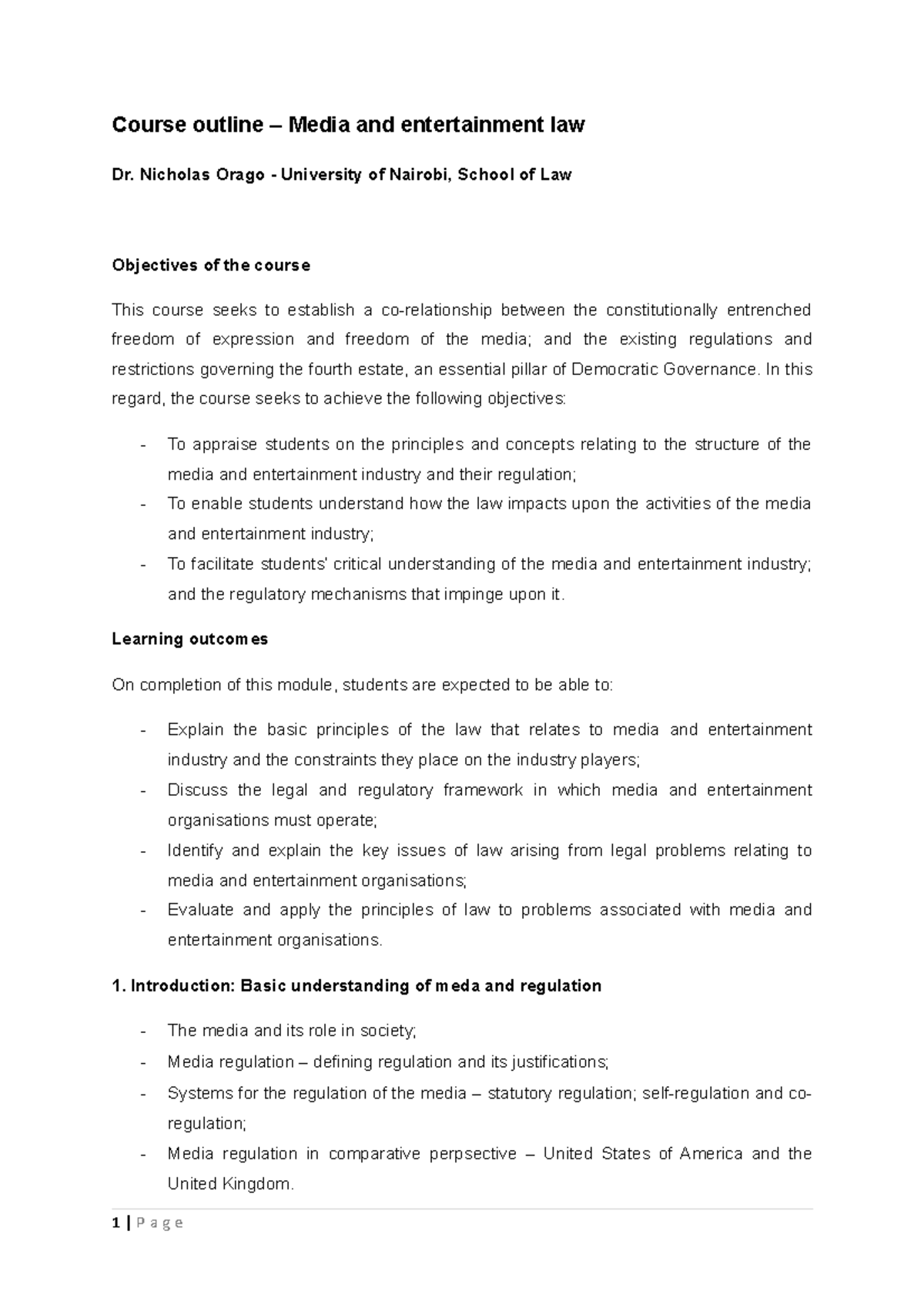 Media and Entertainment Law - Course Outline by Dr. Nicholas Orago ...