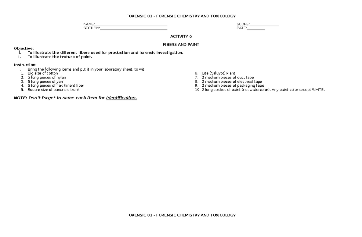 Forensic 03: Lab Activities on Fibers, Paint, and DNA Structure - Studocu