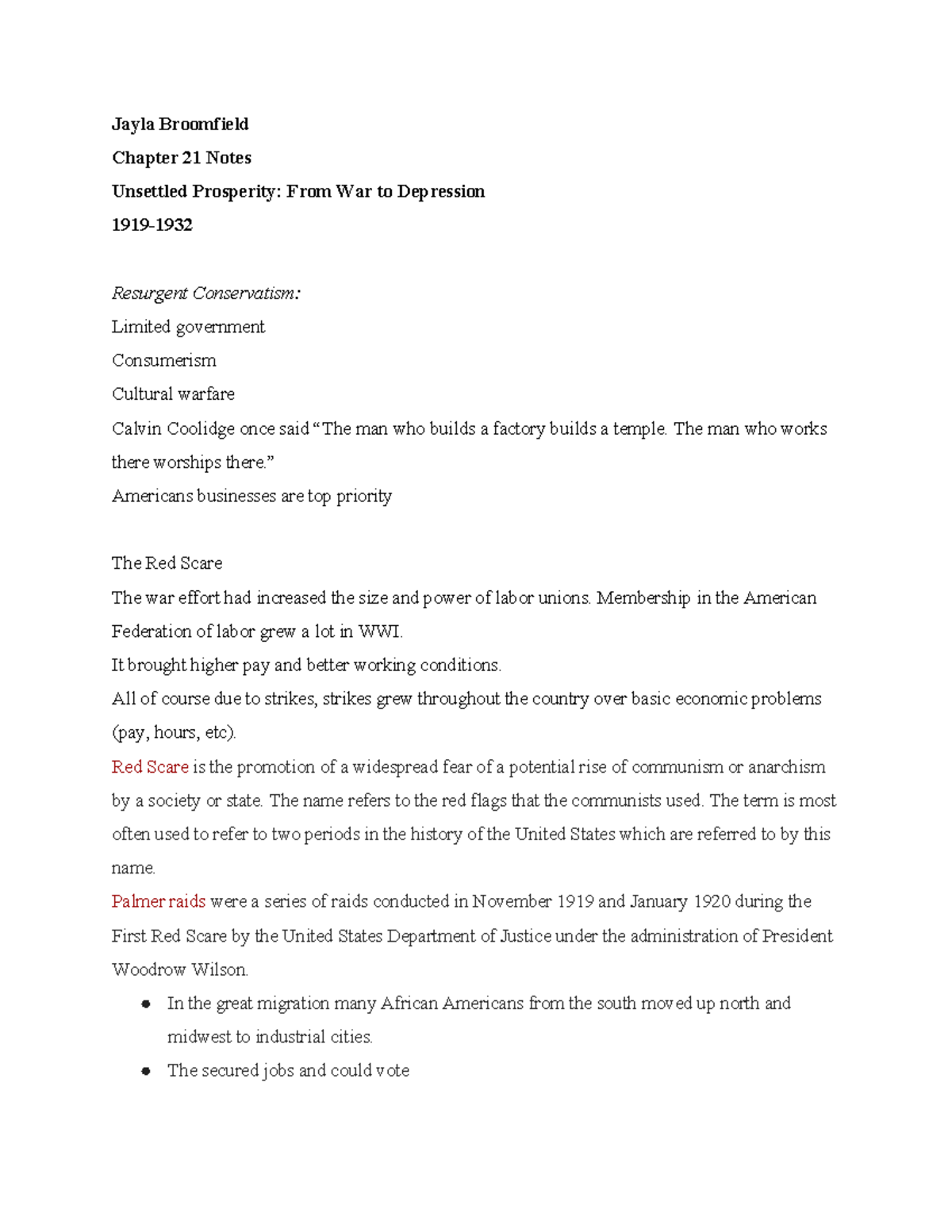 US History 21 - Lecture Notes on Unsettled Prosperity (1919-1929) - Studocu