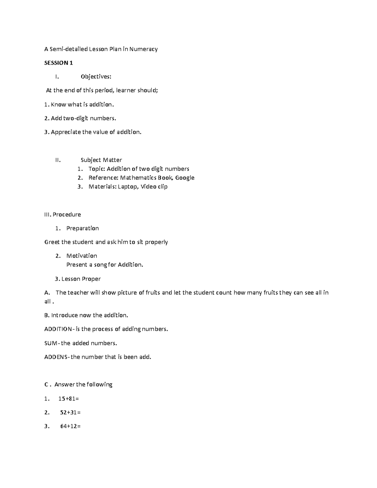 Semi-detailed Lesson Plan in Numeracy: Addition & Subtraction - Studocu