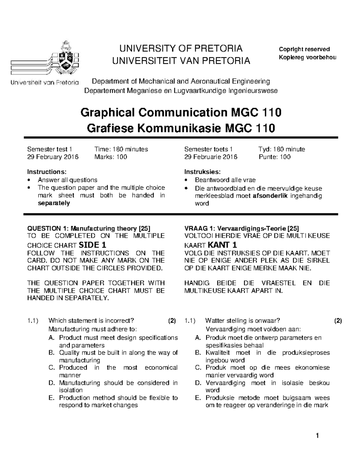 MGC 110 Test 1 29 Feb 2016 - UNIVERSITY OF PRETORIA UNIVERSITEIT VAN ...